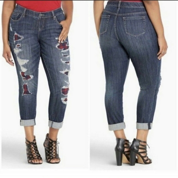 torrid | Jeans | Torrid Premium Blue Distressed Plaid Patched Boyfriend ...